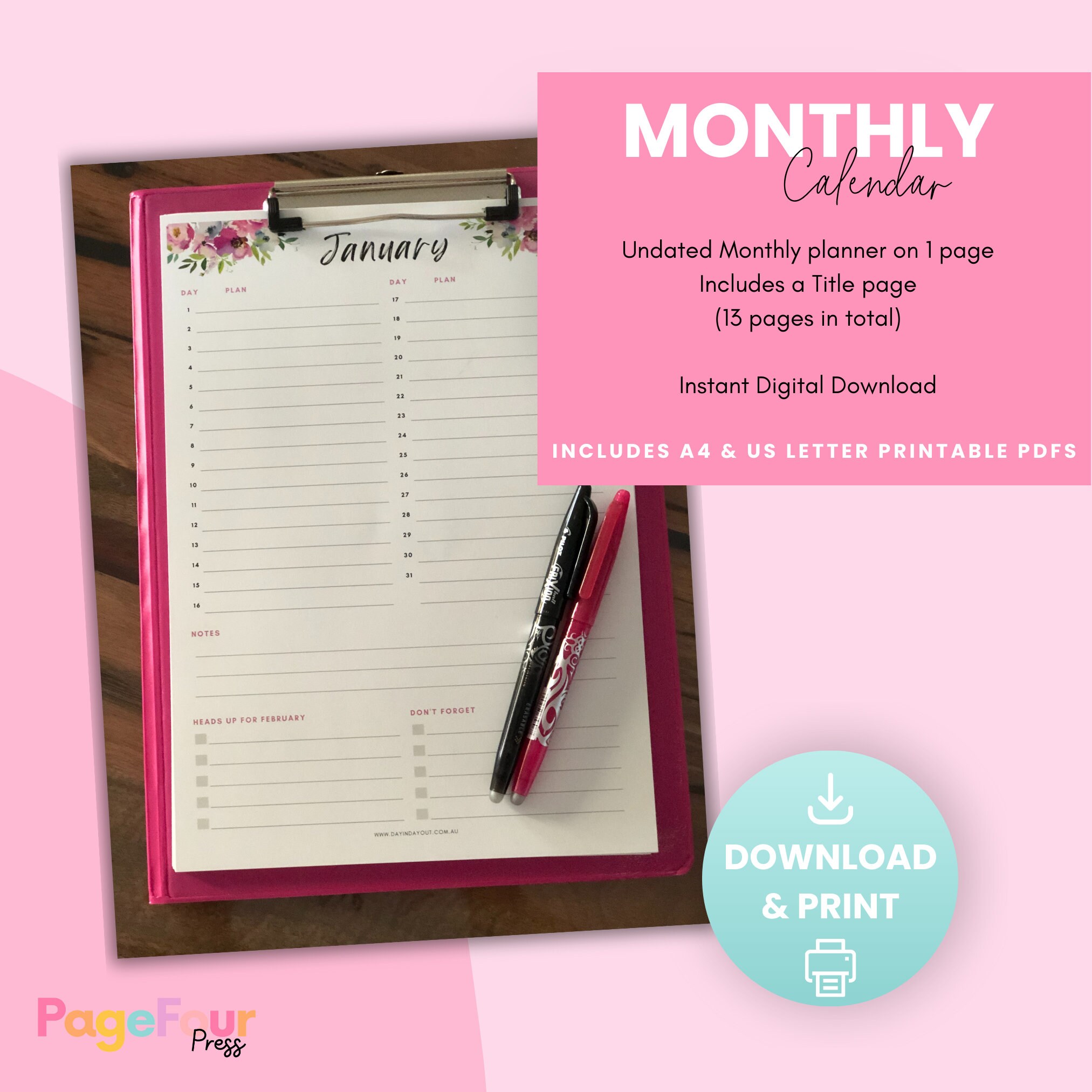 Monthly Planner Printable Monthly Calendar Instant Digital Download ...