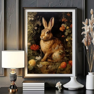 Antique Rabbit Painting, Wild Hare Wall Art Poster, Dark Academia Wall ...