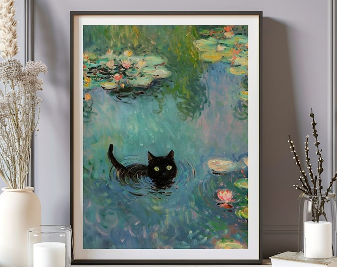 Monet Garden Cat Print, Claude Monet Flowers Cat Poster, Cat Art ...