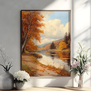Vintage Fall Landscape Painting, Fall Wall Art, Village Fall Oil ...
