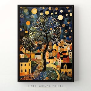 Gustav Klimt Inspired Landscape Print, Mural Moon Night Sky Cozy Modern ...