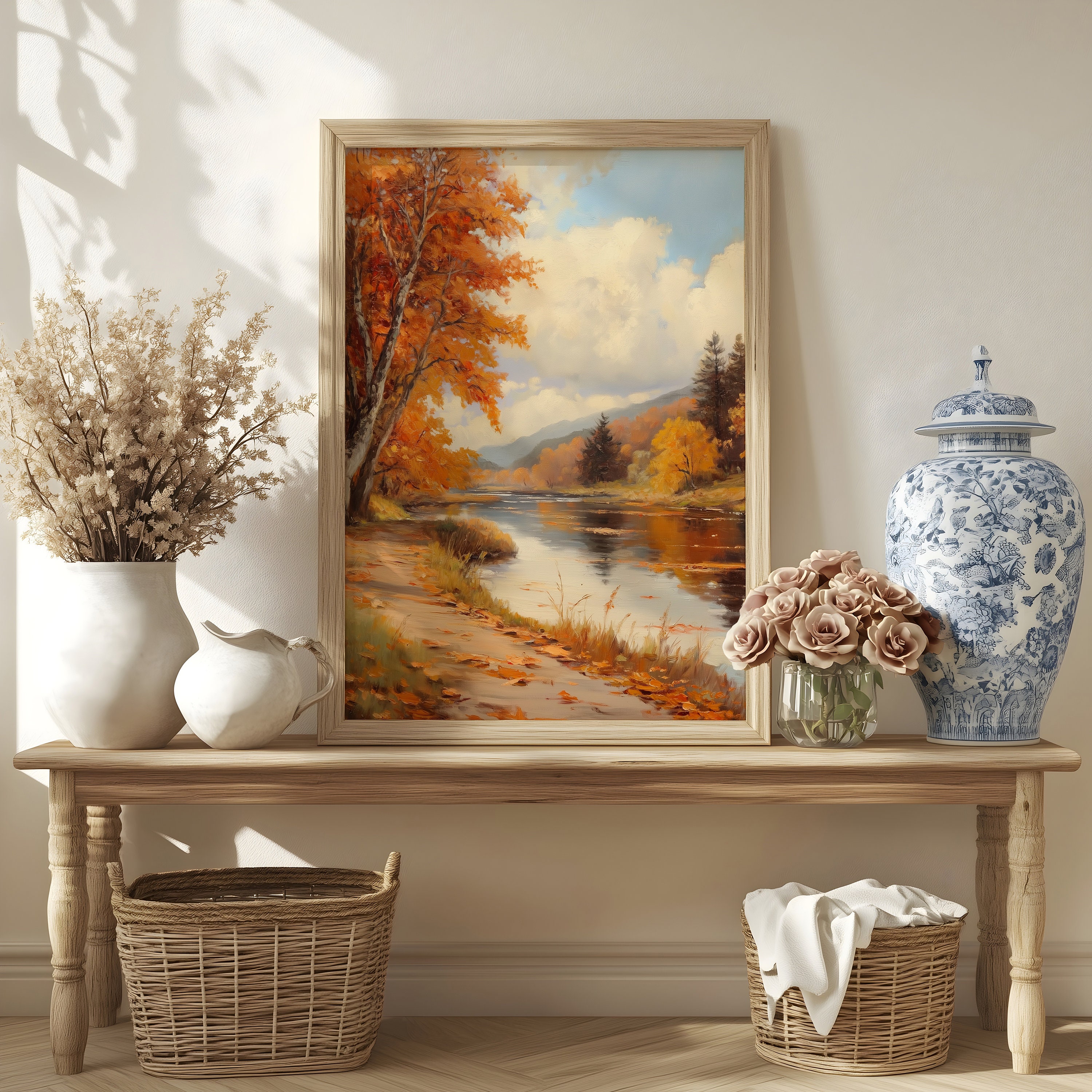 Vintage Fall Landscape Painting, Fall Wall Art, Village Fall Oil ...