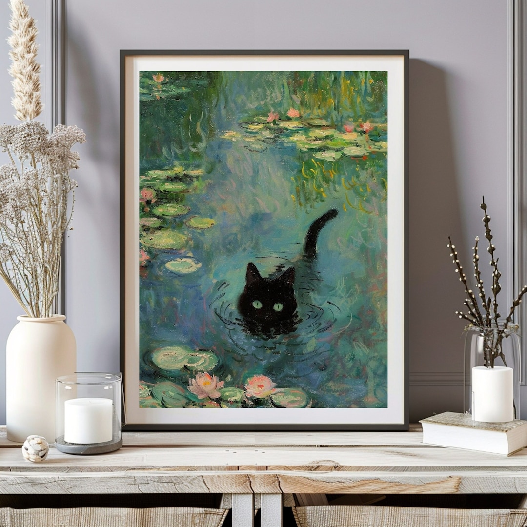 Claude Monet Waterlily Cat Print, Claude Monet Cat Poster, Black Cat ...
