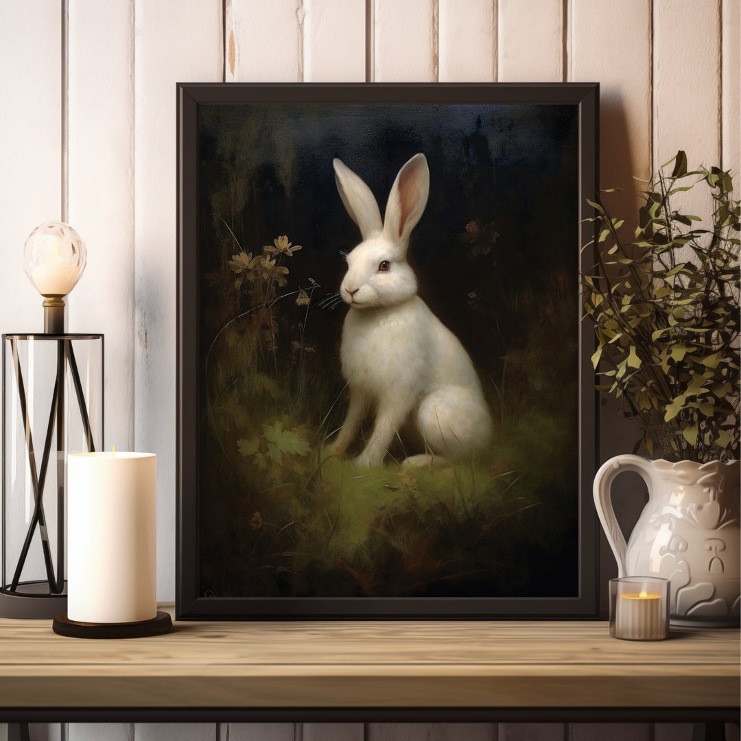 White Rabbit Wall Art Printable Digital, Antique Rabbit Painting, Dark ...