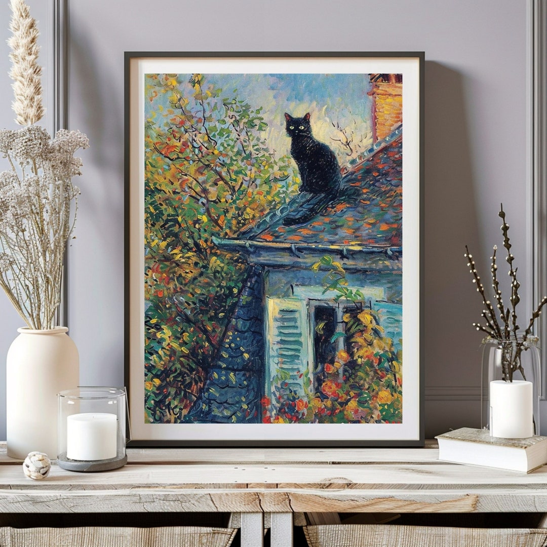 Claude Monet Print, Claude Monet Village Cat Poster, Black Cat Painting ...