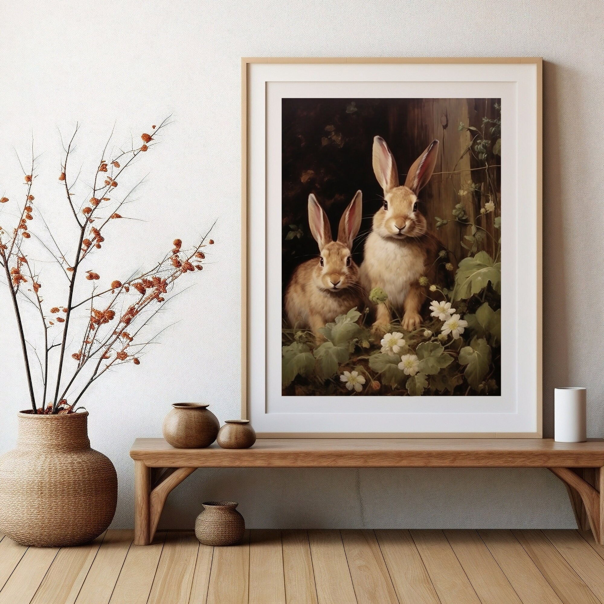 Antique Rabbit Painting, Couple Bunny Wall Art Poster, Dark Academia ...