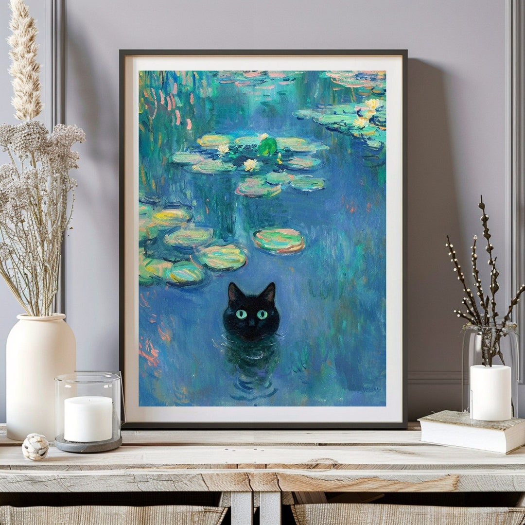 Claude Monet Waterlily Cat Print, Claude Monet Cat Poster, Black Cat ...