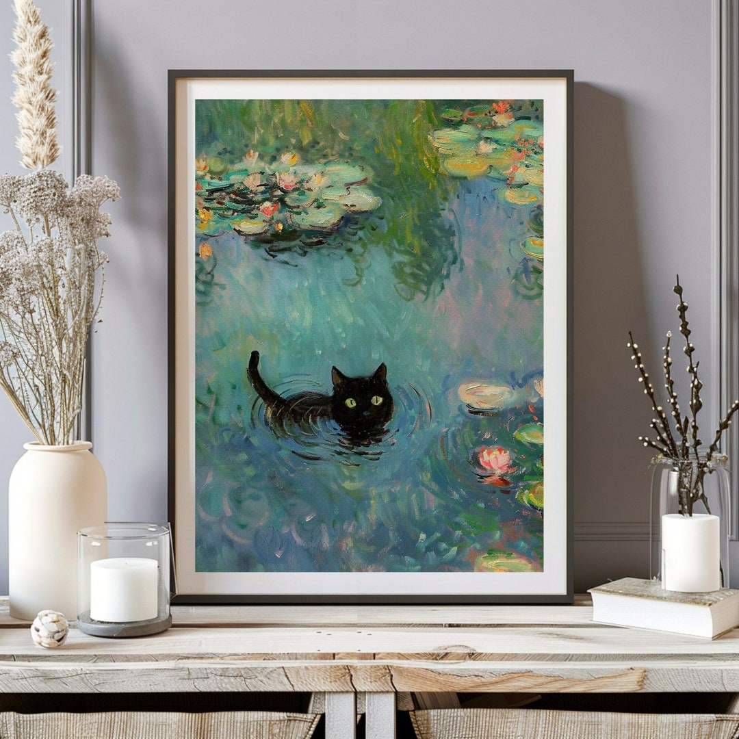 Monet Waterlily Cat Print, Claude Monet Cat Poster, Black Cat Art ...