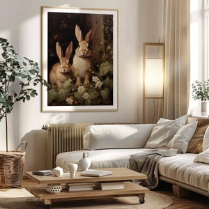 Antique Rabbit Painting, Couple Bunny Wall Art Poster, Dark Academia ...