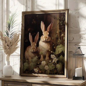 Antique Rabbit Painting, Couple Bunny Wall Art Poster, Dark Academia ...
