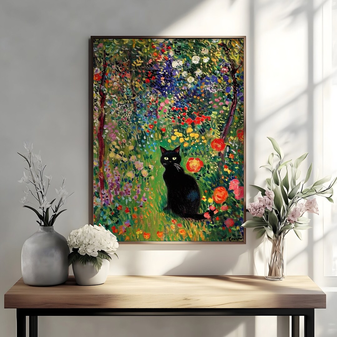 Claude Monet Garden Cat Print, Claude Monet Cat Poster, Black Cat Art ...