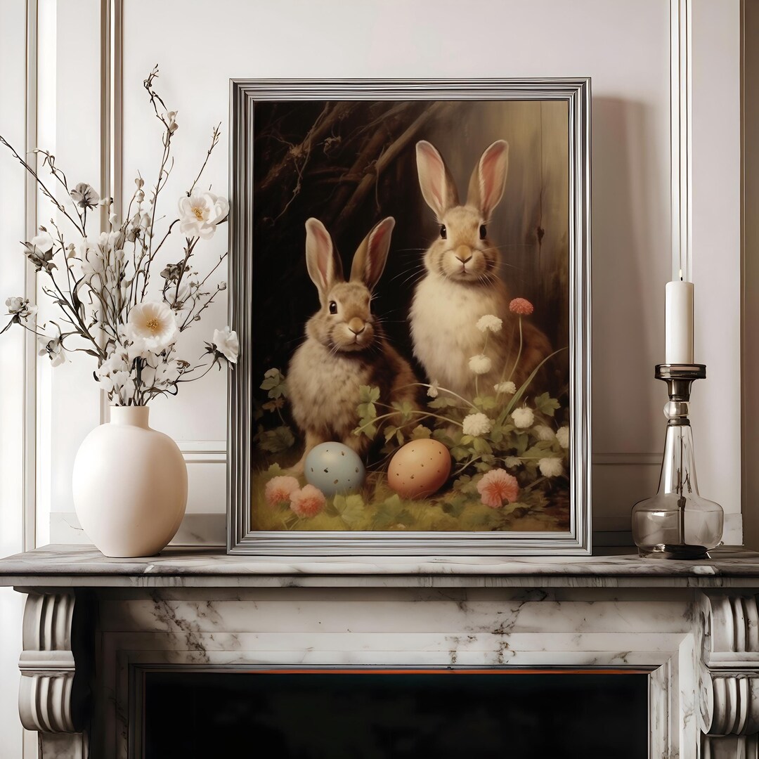 Easter Rabbit Painting, Couple Bunny Wall Art Poster, Spring Decor ...