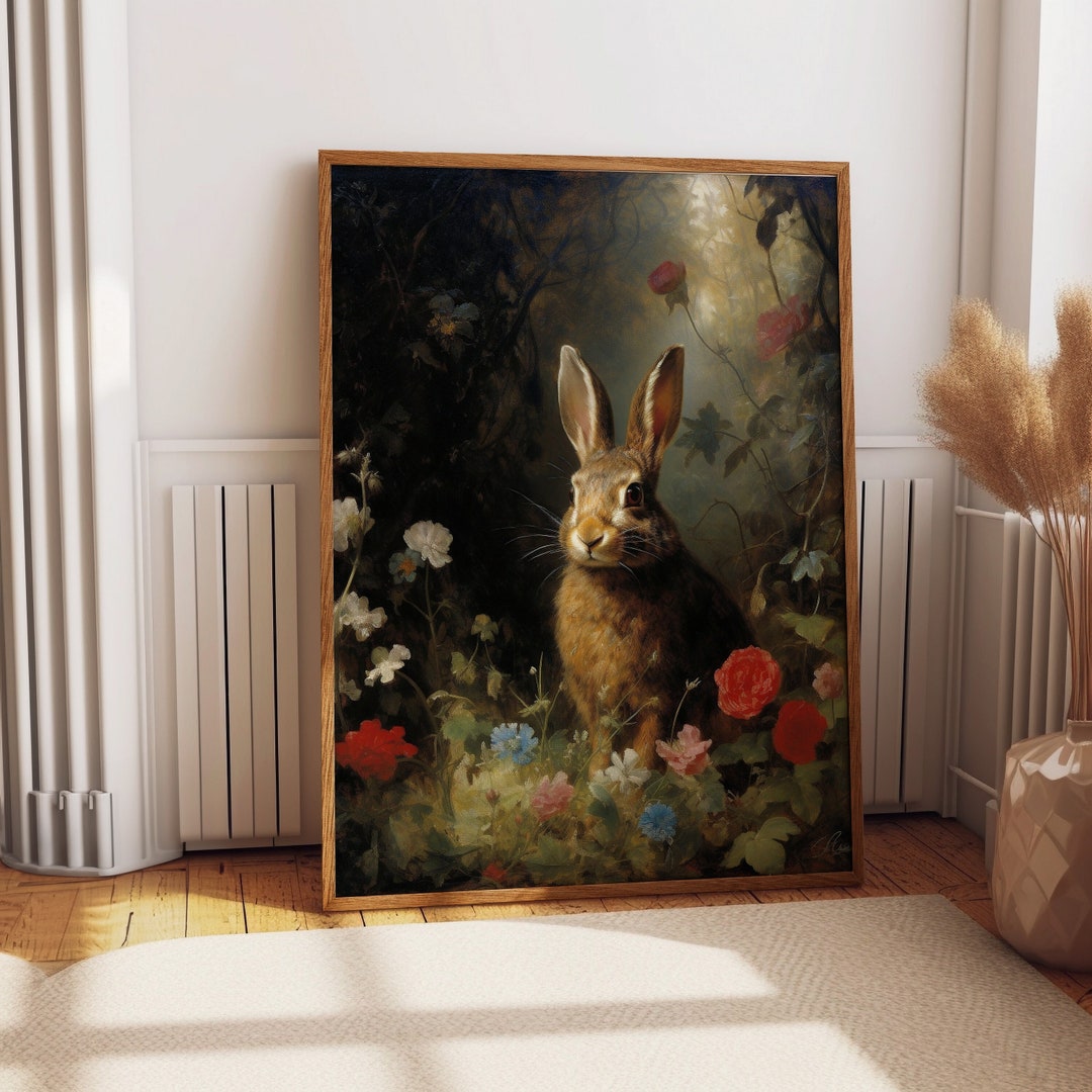 Bunny Rabbit Wall Art Printable Digital, Antique Rabbit Painting, Dark ...
