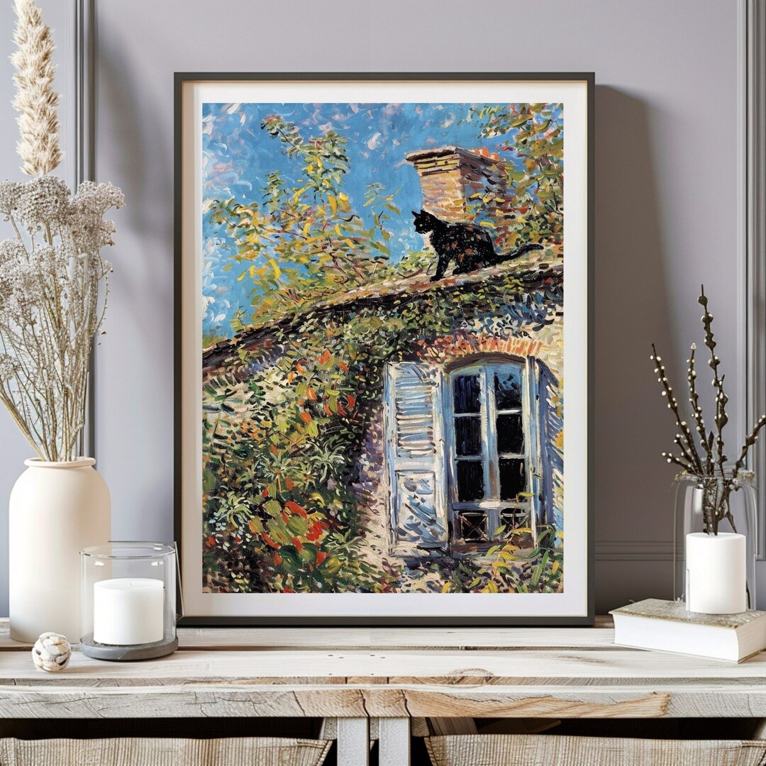 Claude Monet Black Cat Print, Claude Monet Village Cat Poster, Black ...