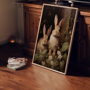 Antique Rabbit Painting, Couple Bunny Wall Art Poster, Dark Academia ...