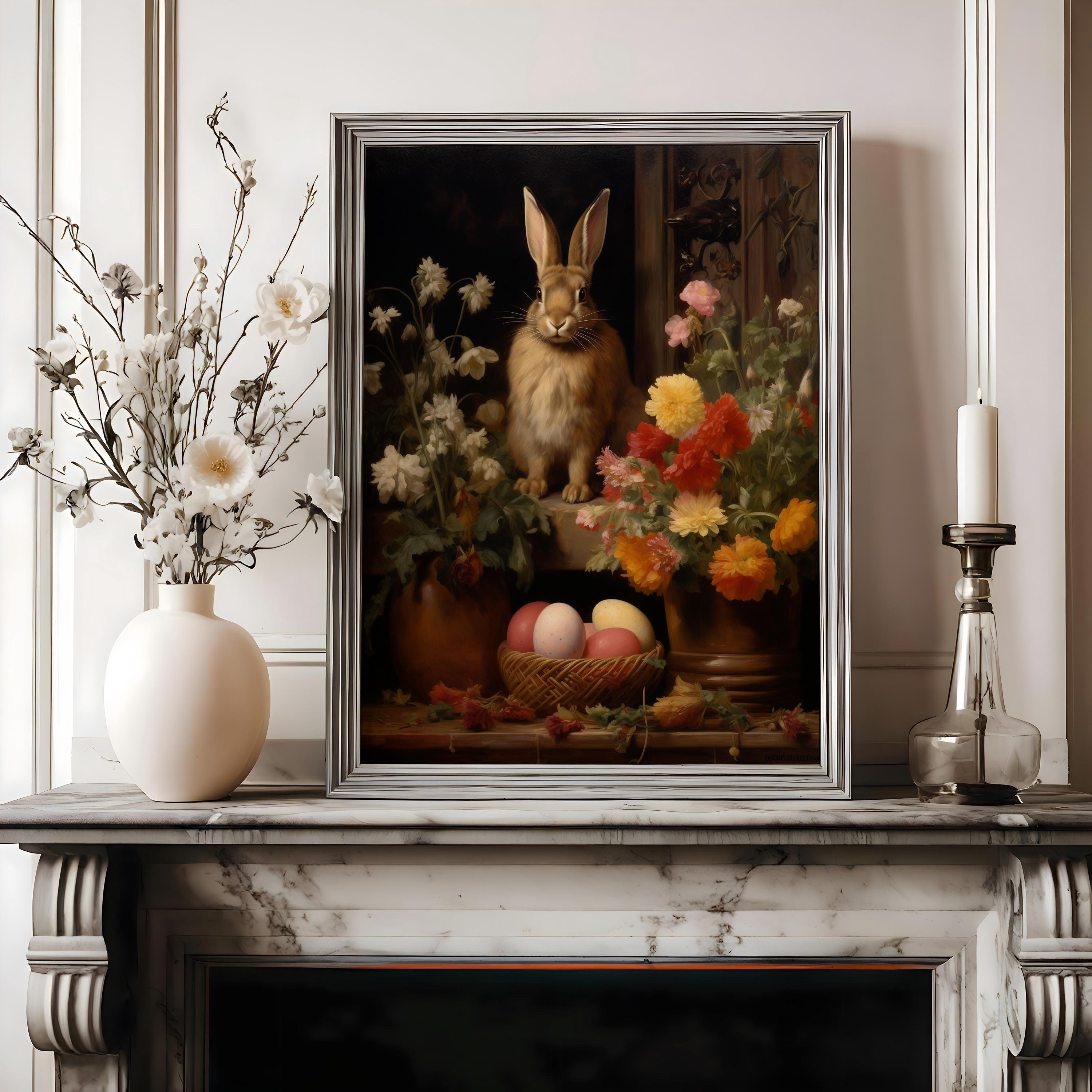 Antique Rabbit Painting, Vintage Bunny Wall Art, Dark Academia Print ...