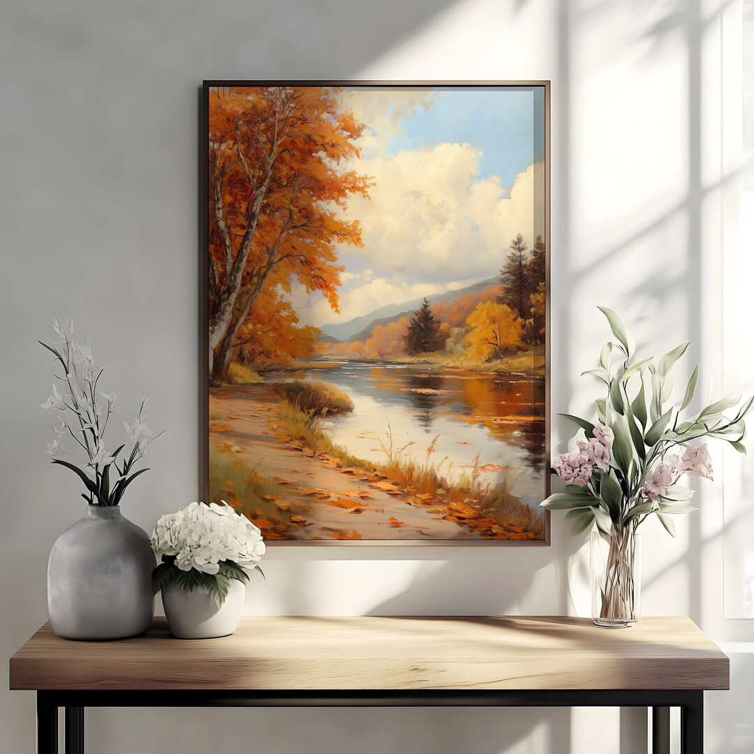 Vintage Fall Landscape Painting, Fall Wall Art, Village Fall Oil ...