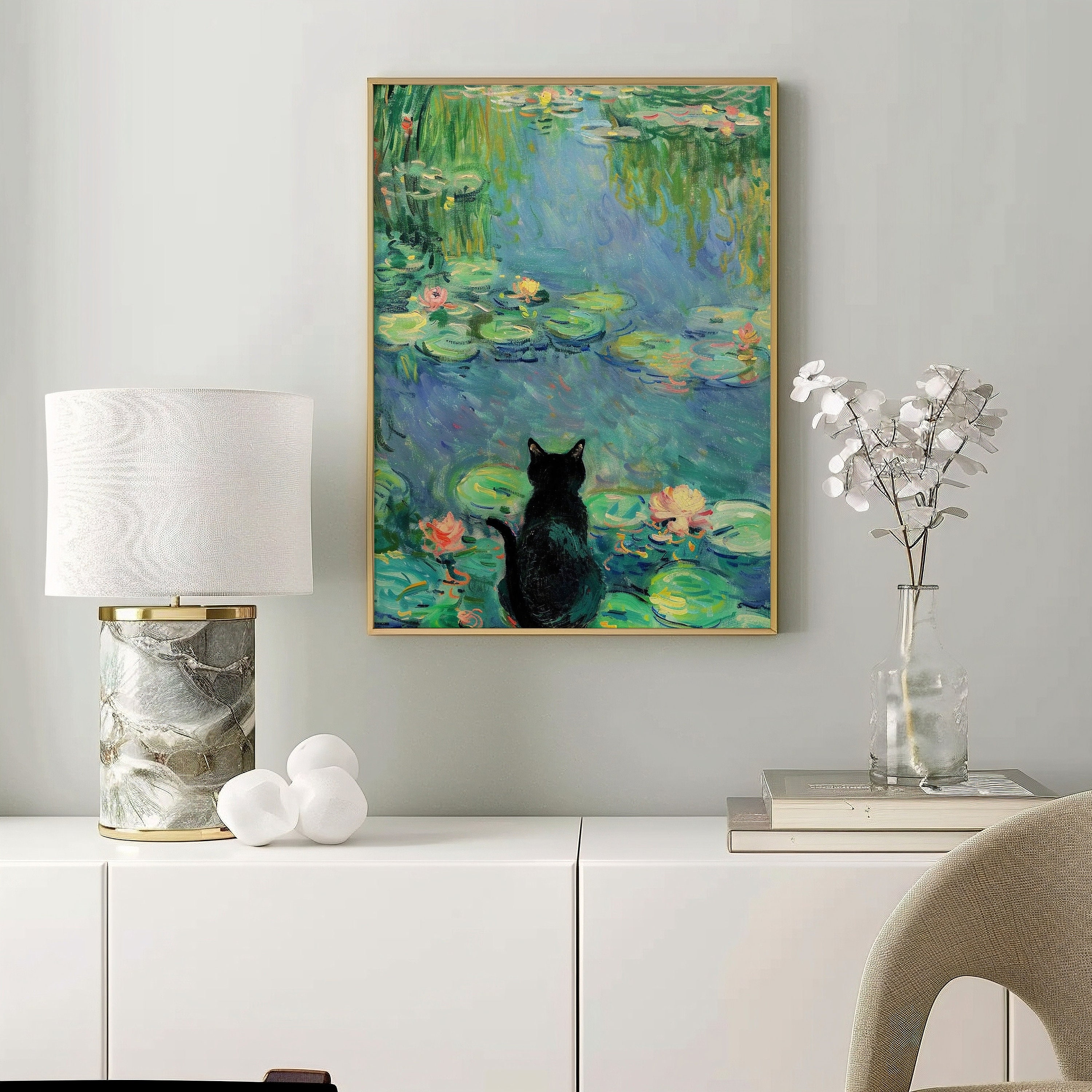 Monet Waterlily Cat Print, Claude Monet Cat Poster, Cat Art, Funny Cat ...