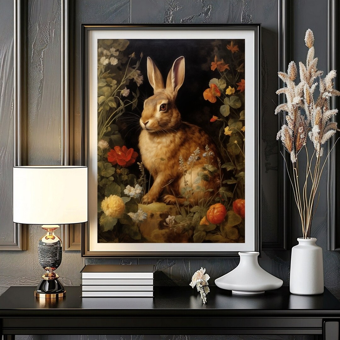 Antique Rabbit Painting, Wild Hare Wall Art Poster, Dark Academia Wall ...