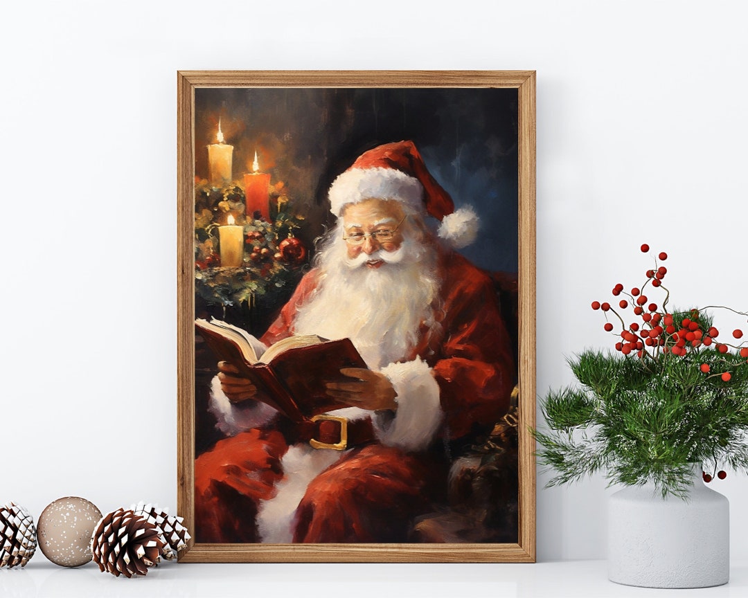 Santa Reading Printable Art Vintage Christmas Wall Art Santa Reading ...