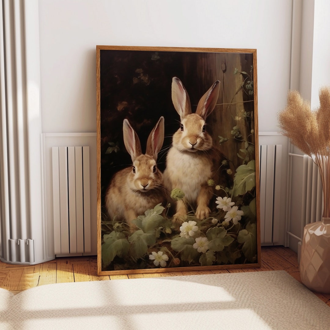 Antique Rabbit Painting, Couple Bunny Wall Art Poster, Dark Academia ...