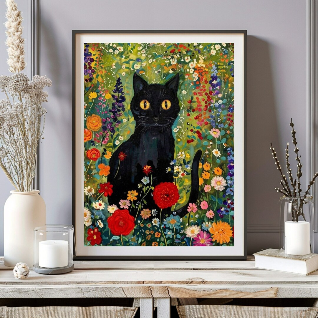 Gustav Klimt Print, Klimt Museum Poster, Gustav Klimt Garden Cat Poster, Floral Cat Poster ...
