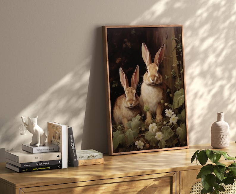 Antique Rabbit Painting, Couple Bunny Wall Art Poster, Dark Academia ...