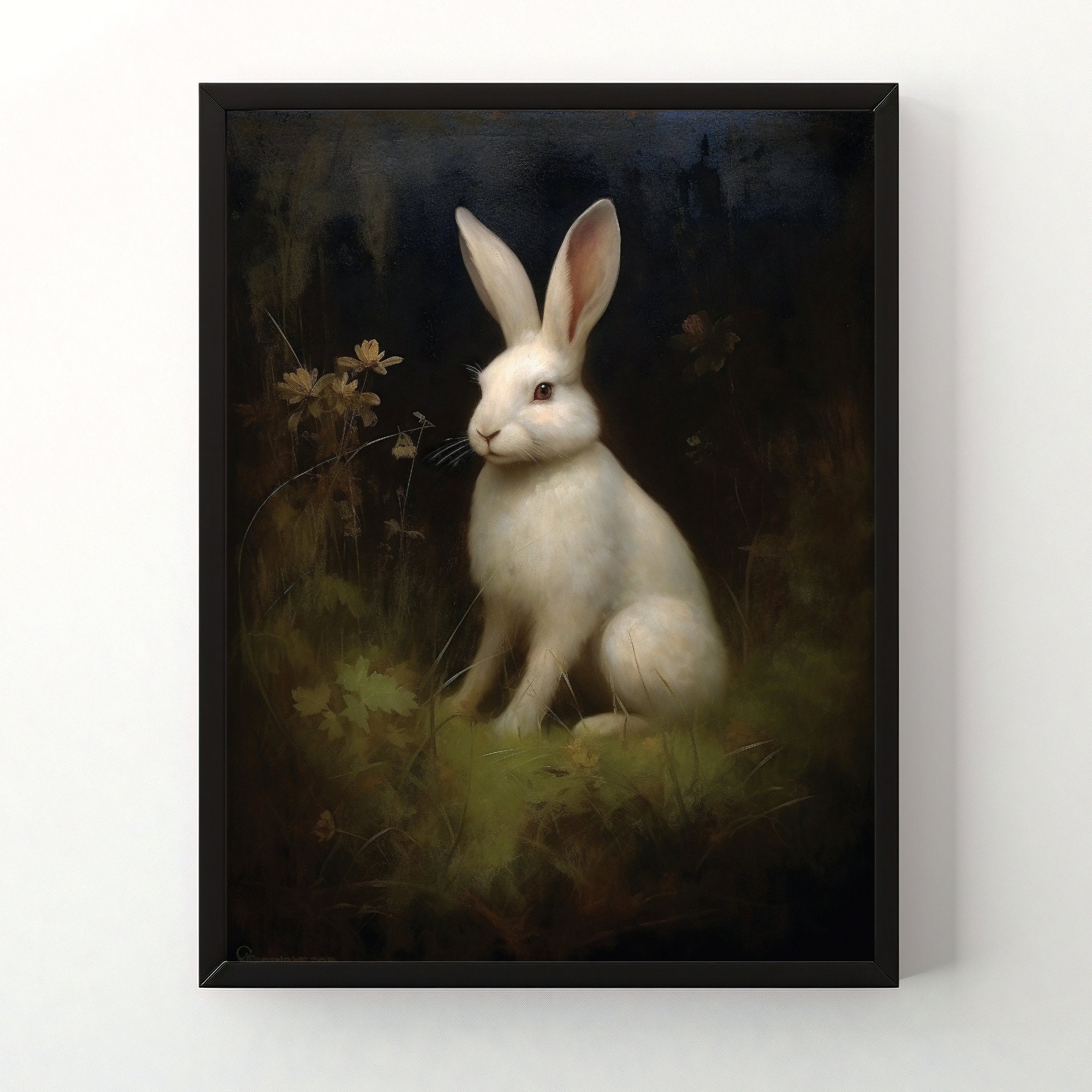 White Rabbit Wall Art Printable Digital, Antique Rabbit Painting, Dark ...