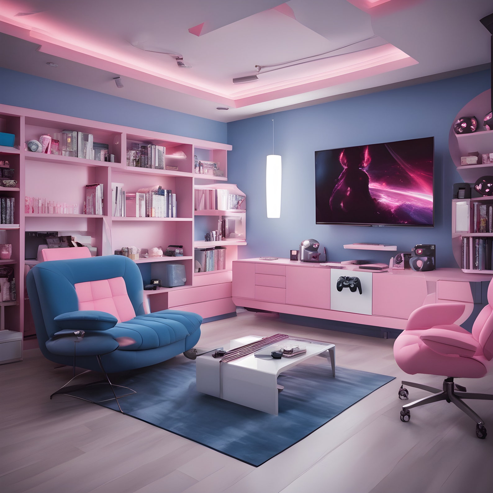 Blue and Pink Colored Couple Gaming Room , Digital Decor, Digital Wall ...