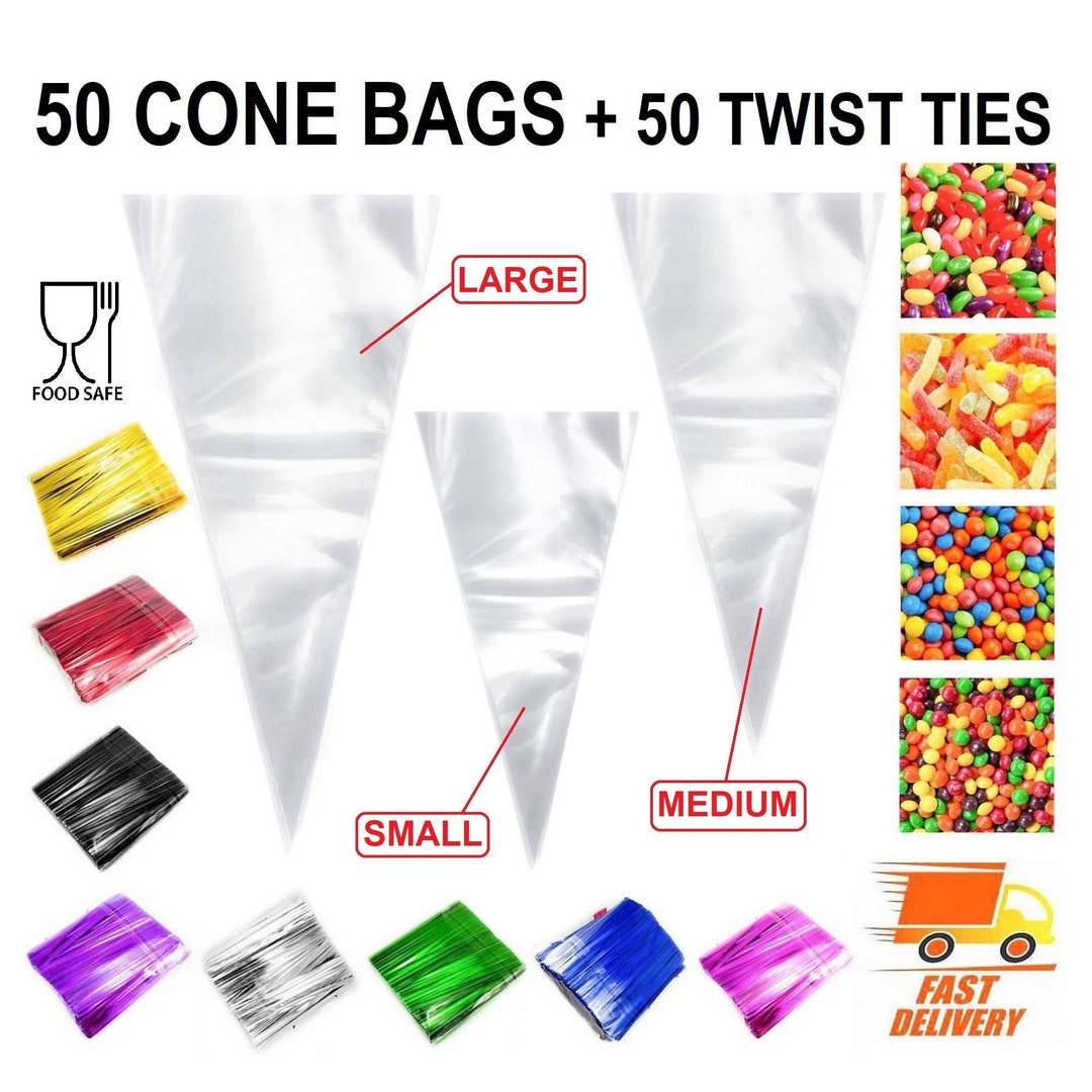 50 Clear Cellophane Cone Bags With Twist Ties: Party Favor Treat Bags ...