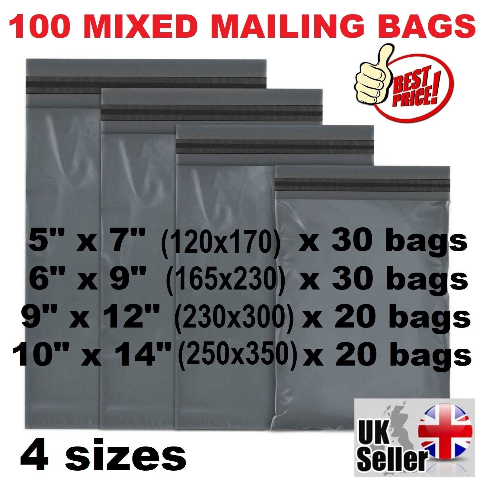 100 Parcel Bags Mixed Sizes Mailing Postage Postal Grey Shipping ...
