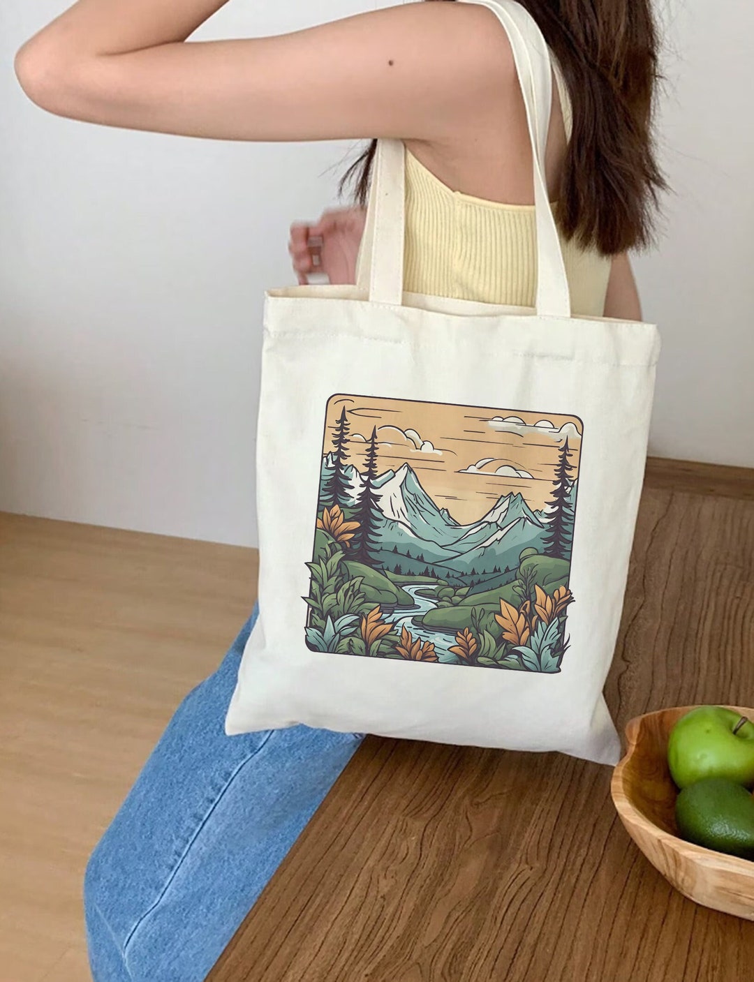 Mountain River Tote, Nature Tote Bag, Colorful Mountain Totebag ...