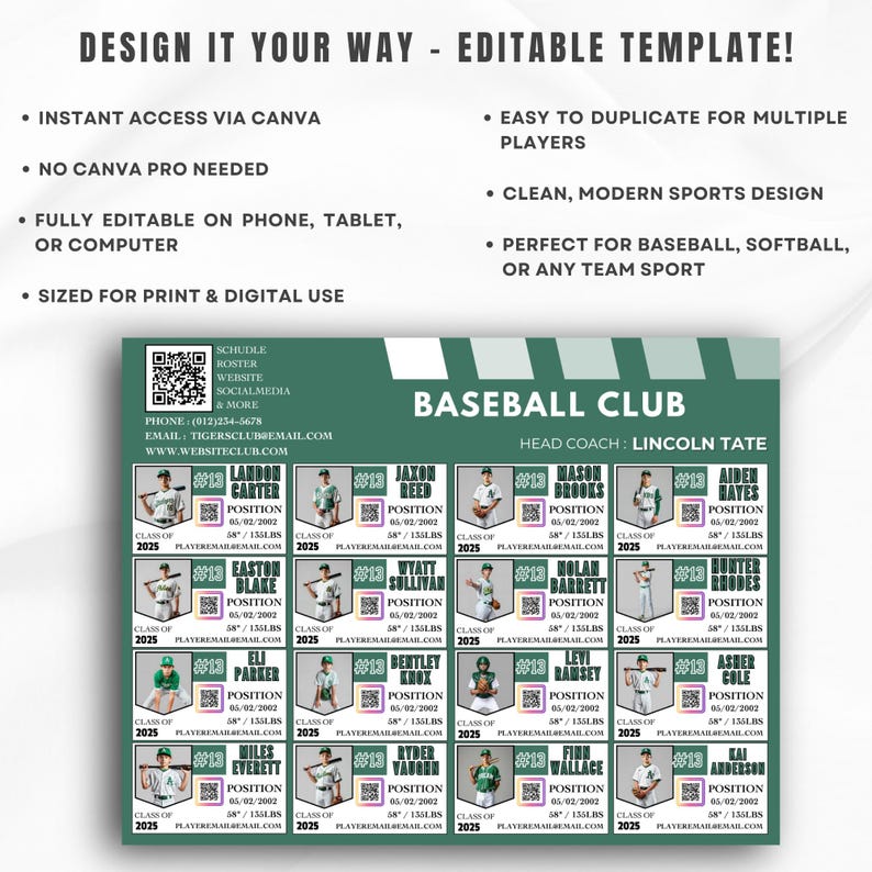 Custom Baseball Team Roster Template: Editable 16-player Recruit Sheet ...