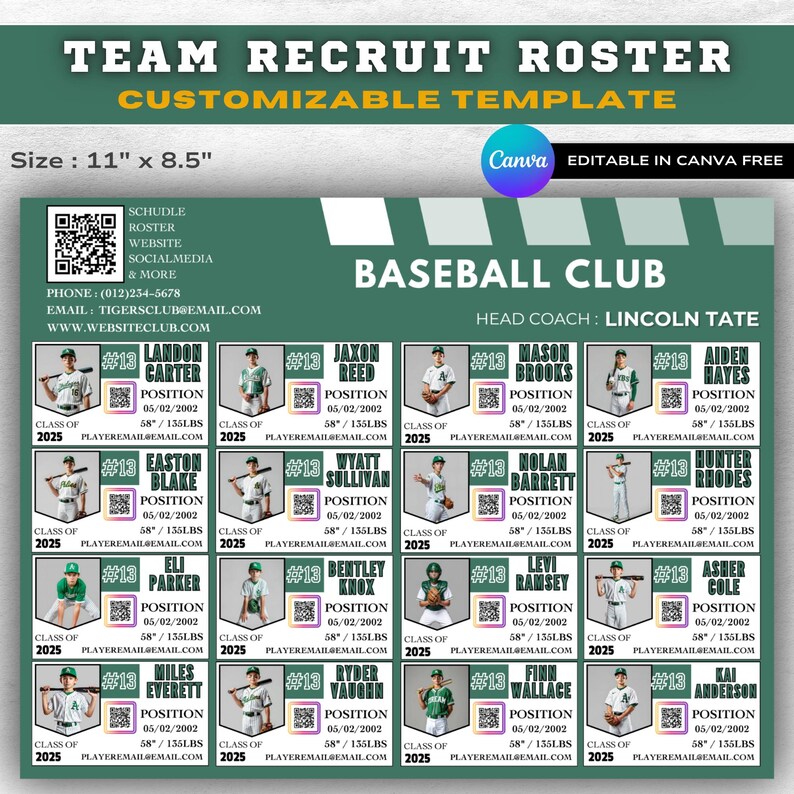 Custom Baseball Team Roster Template: Editable 16-player Recruit Sheet ...