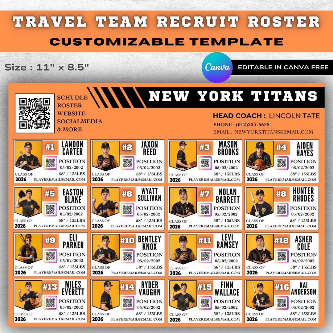 Sports Travel Team Roster Template | 16-player Club Recruiting Sheet ...