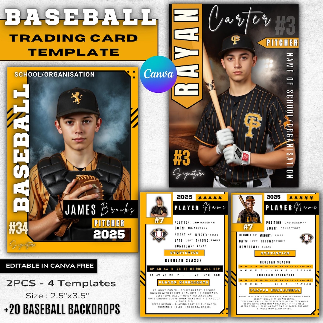 Customizable Baseball Card Template: DIY Yellow Trading Card Double ...