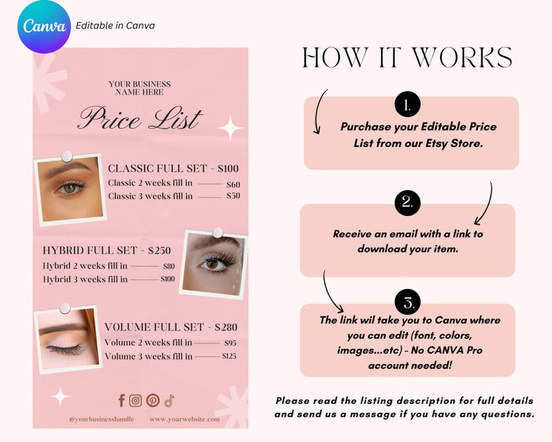 Editable Lash Price List Canva Template | Pink Beauty Salon Service ...