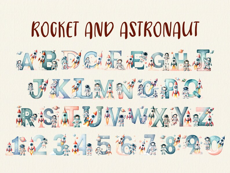 Watercolor Rocket and Astronaut Alphabet Clipart Space-themed Digital ...
