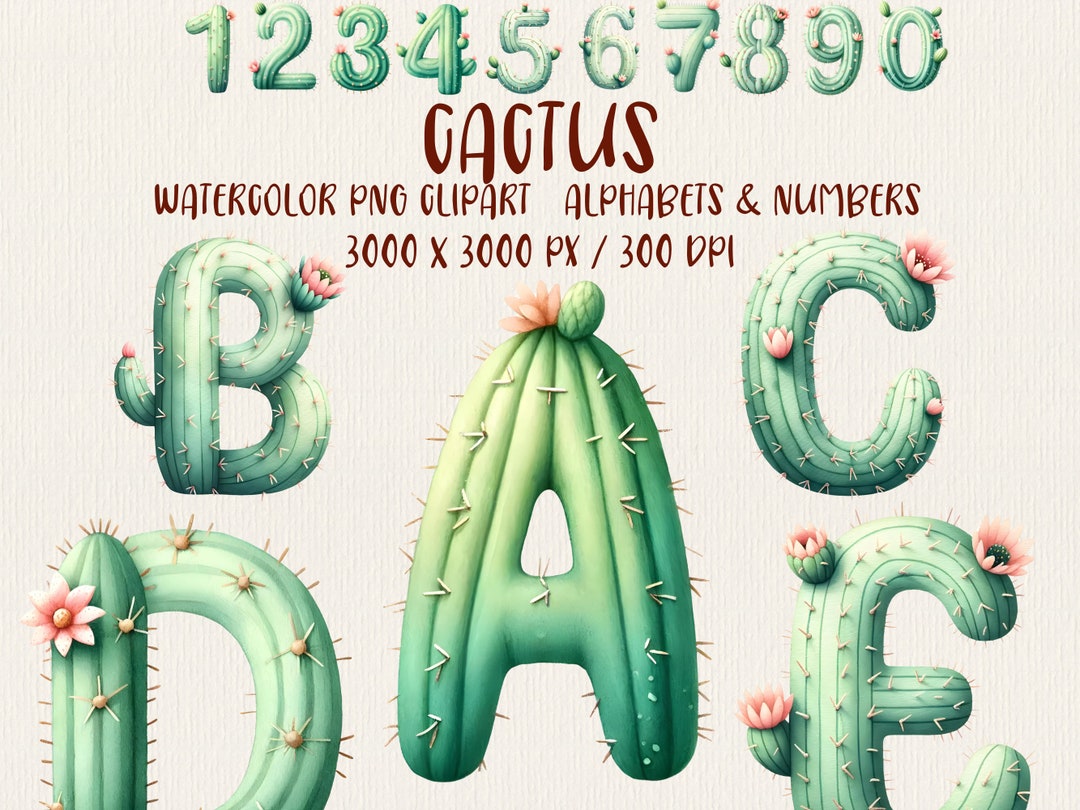 Cactus Watercolor Clipart Bundle Western PNG Alphabet With Cute Cowboy ...