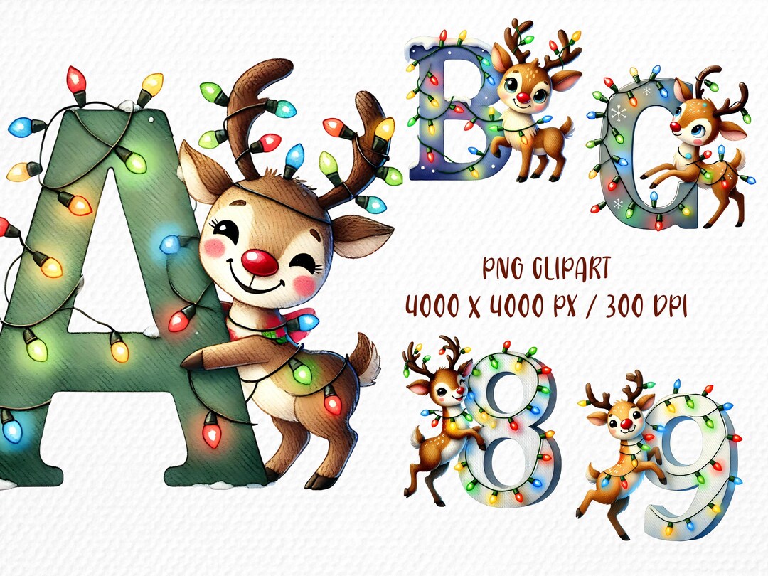 Funny and Cute Reindeer Alphabet Clipart Bundle for Junk Journal Card ...