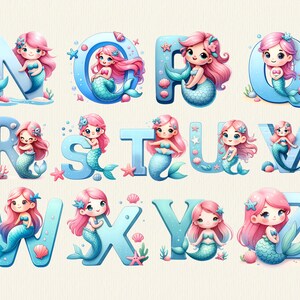 Mermaid Clipart Alphabet Png Font Doodle Letter Watercolor Sublimation ...