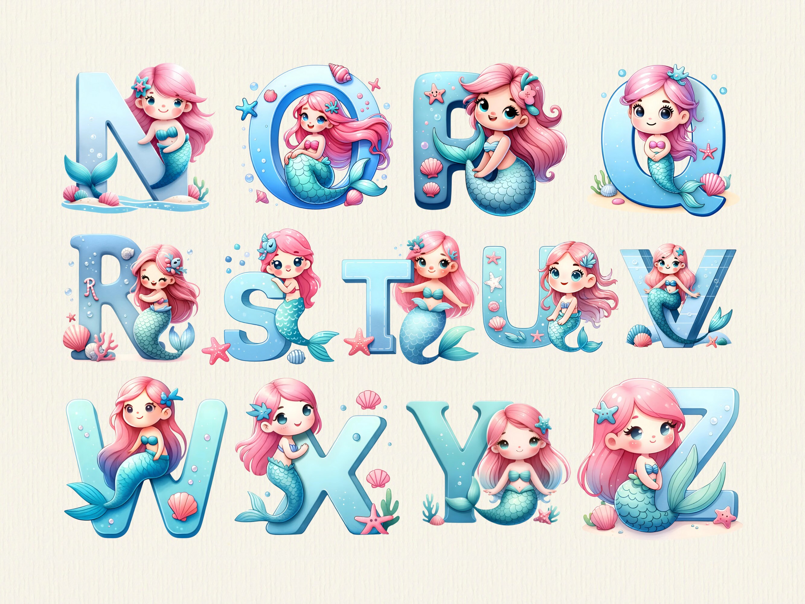 Mermaid Clipart Alphabet Png Font Doodle Letter Watercolor Sublimation ...