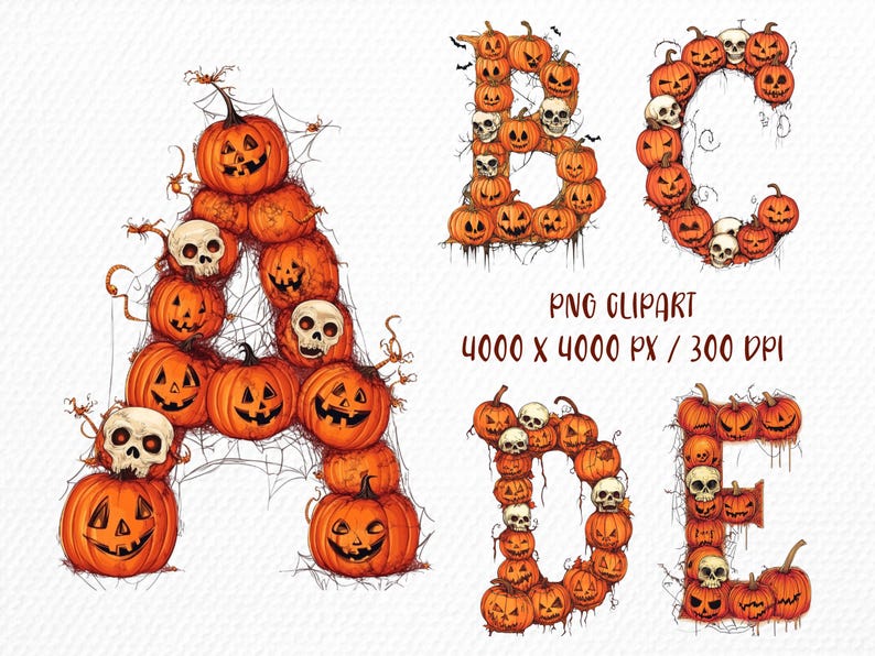 Pumpkins and Skulls Alphabet Clipart PNG Spooky Halloween Letter ...