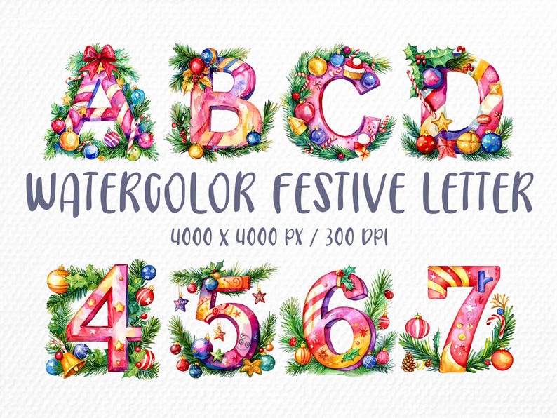 Christmas Festive Watercolor Letter Clipart Christmas Alphabet PNG Hand ...