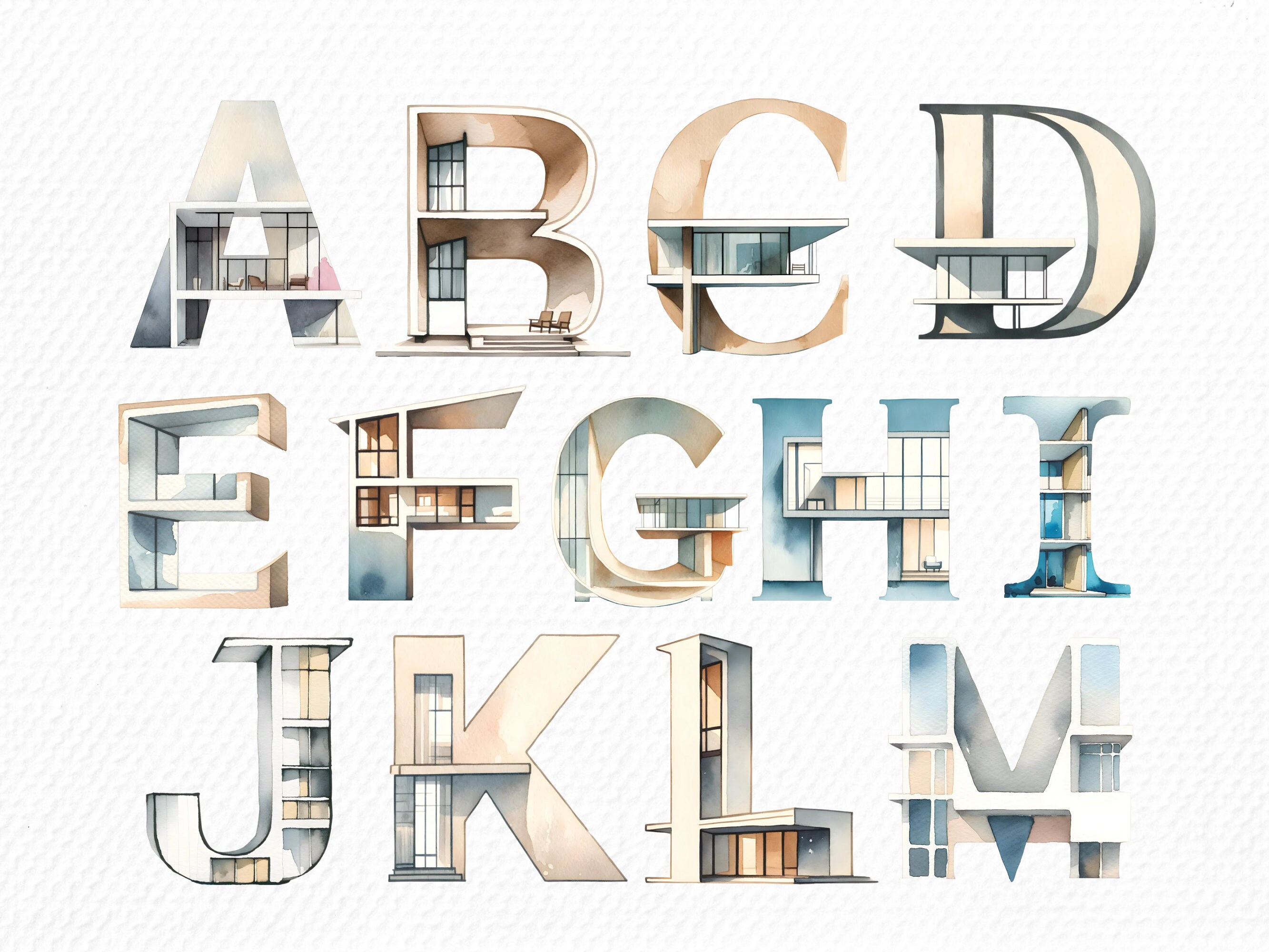 Architecture Alphabet Png, Watercolor Clipart, Birthday Invitation ...