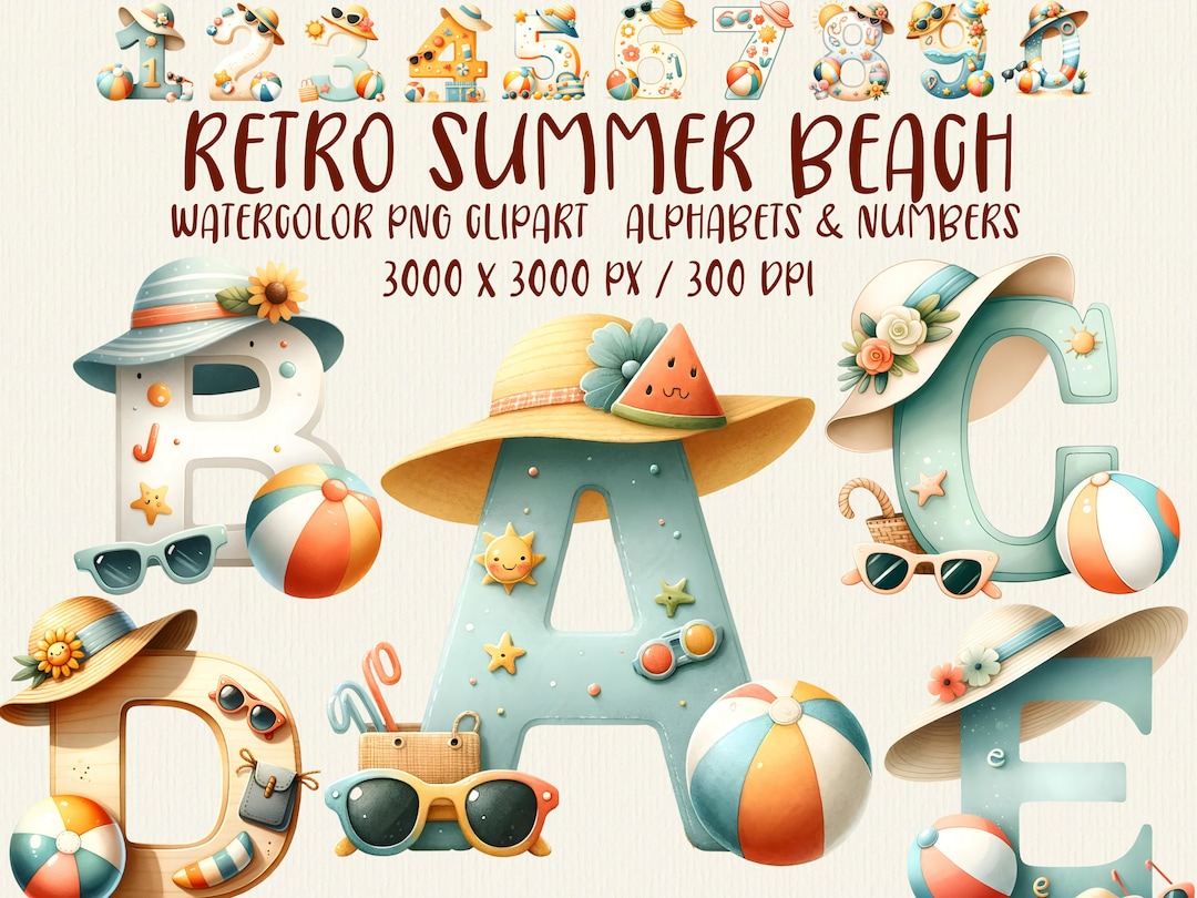 Retro Summer Beach Alphabets, Watercolor Clipart, Clipart Bundle ...