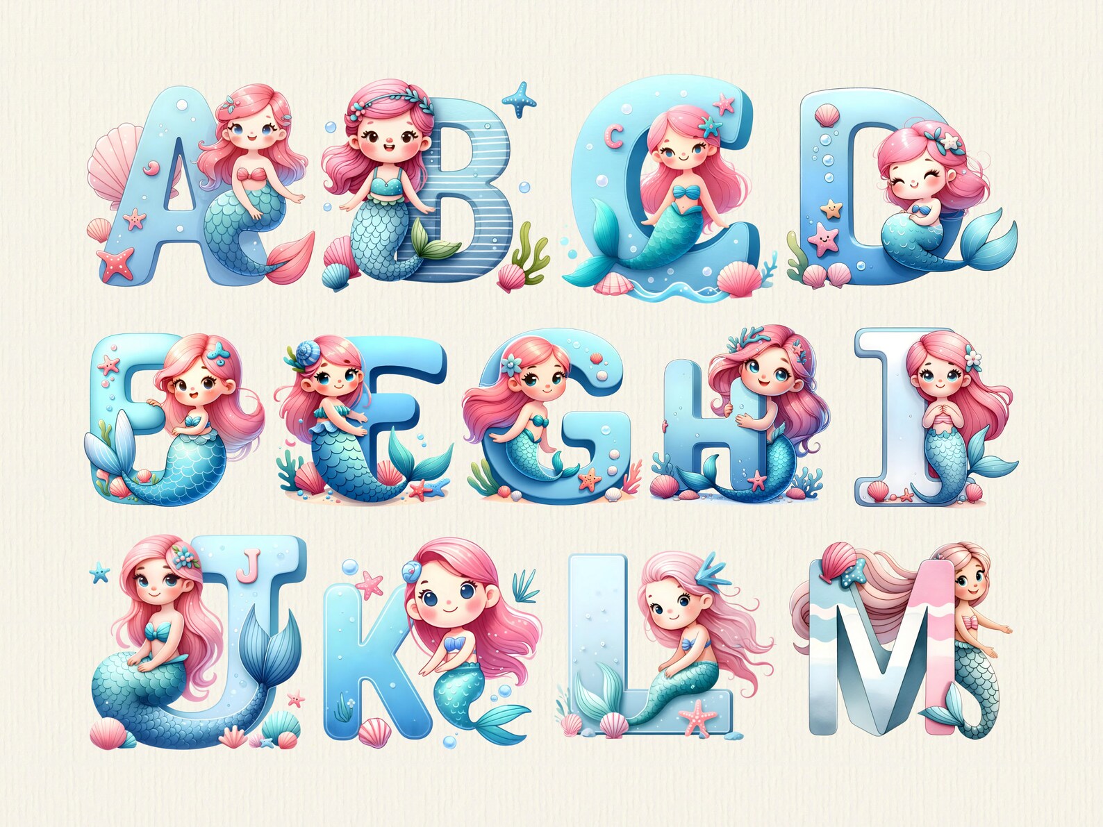 Mermaid Clipart Alphabet Png Font Doodle Letter Watercolor Sublimation ...