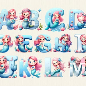 Mermaid Clipart Alphabet Png Font Doodle Letter Watercolor Sublimation ...