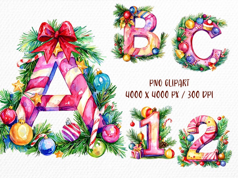 Christmas Festive Watercolor Letter Clipart Christmas Alphabet PNG Hand ...