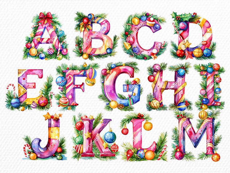 Christmas Festive Watercolor Letter Clipart Christmas Alphabet PNG Hand ...